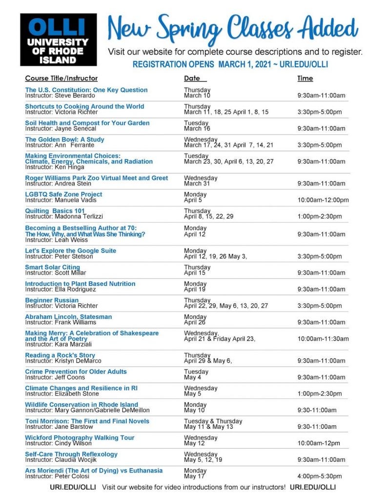 New Spring Classes Added – Osher Lifelong Learning Institute (OLLI)