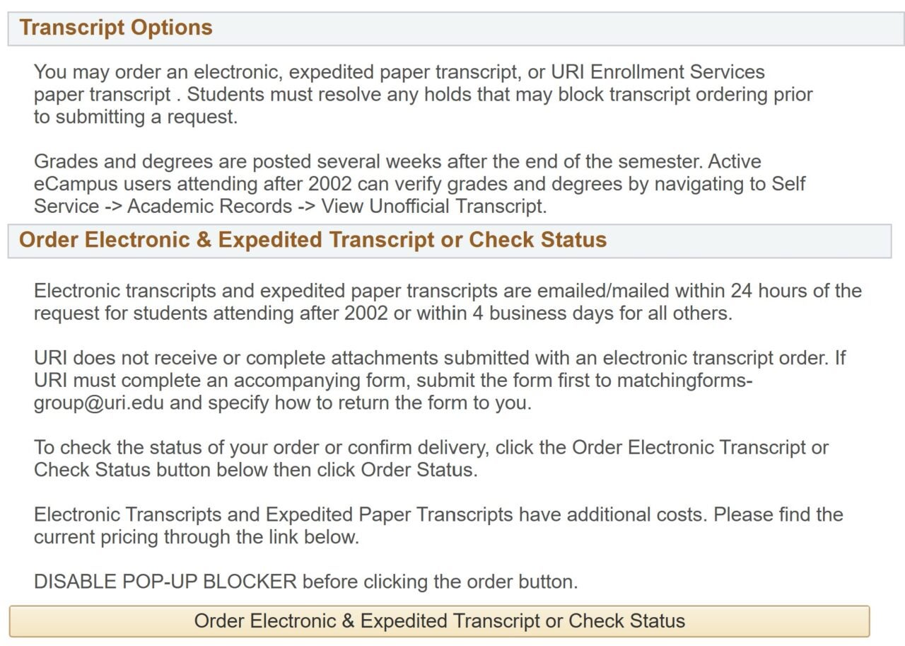 Current URI Student – Request Electronic Transcript – Registration and ...