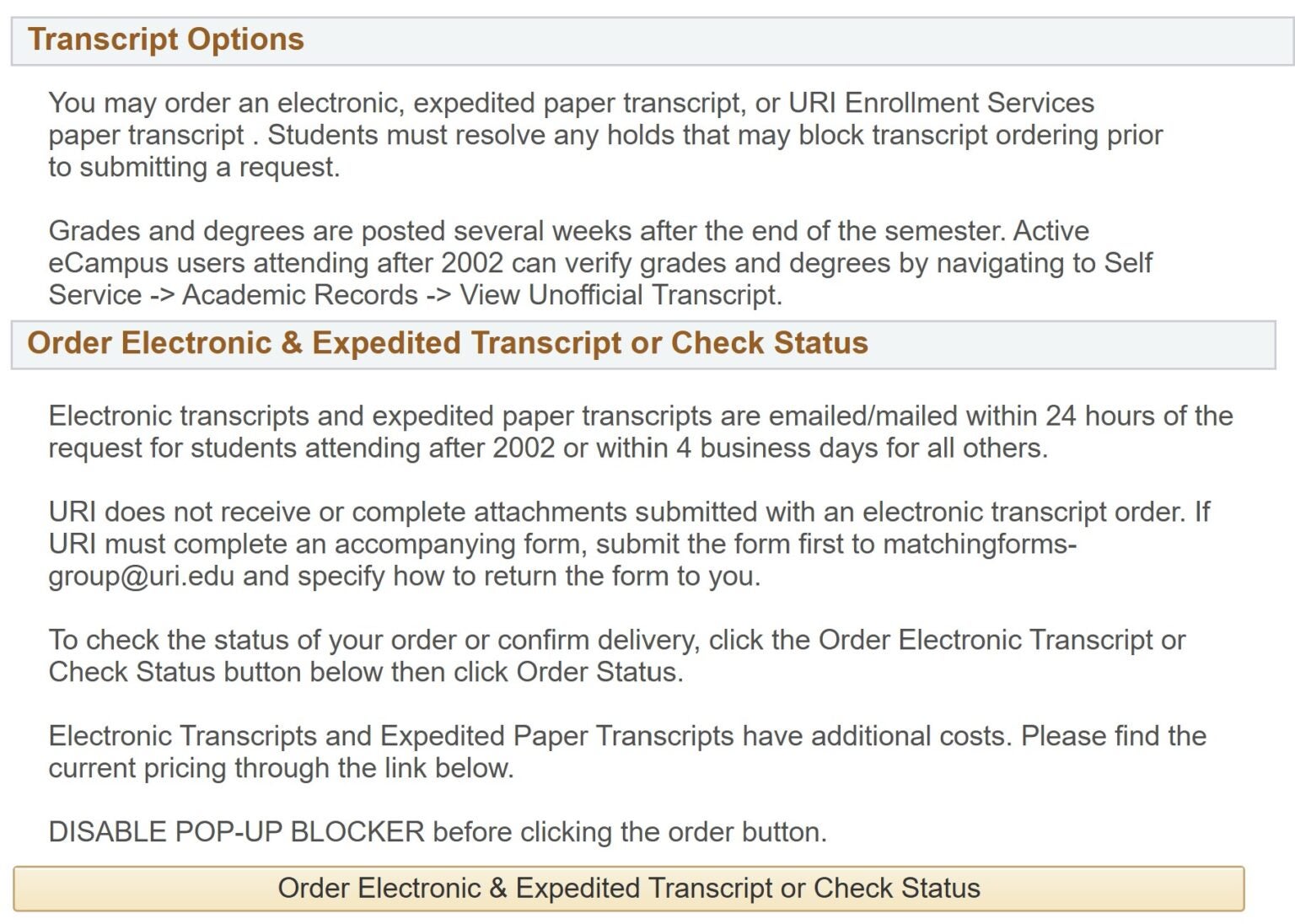 Current URI Student – Request Electronic Transcript – Registration and ...